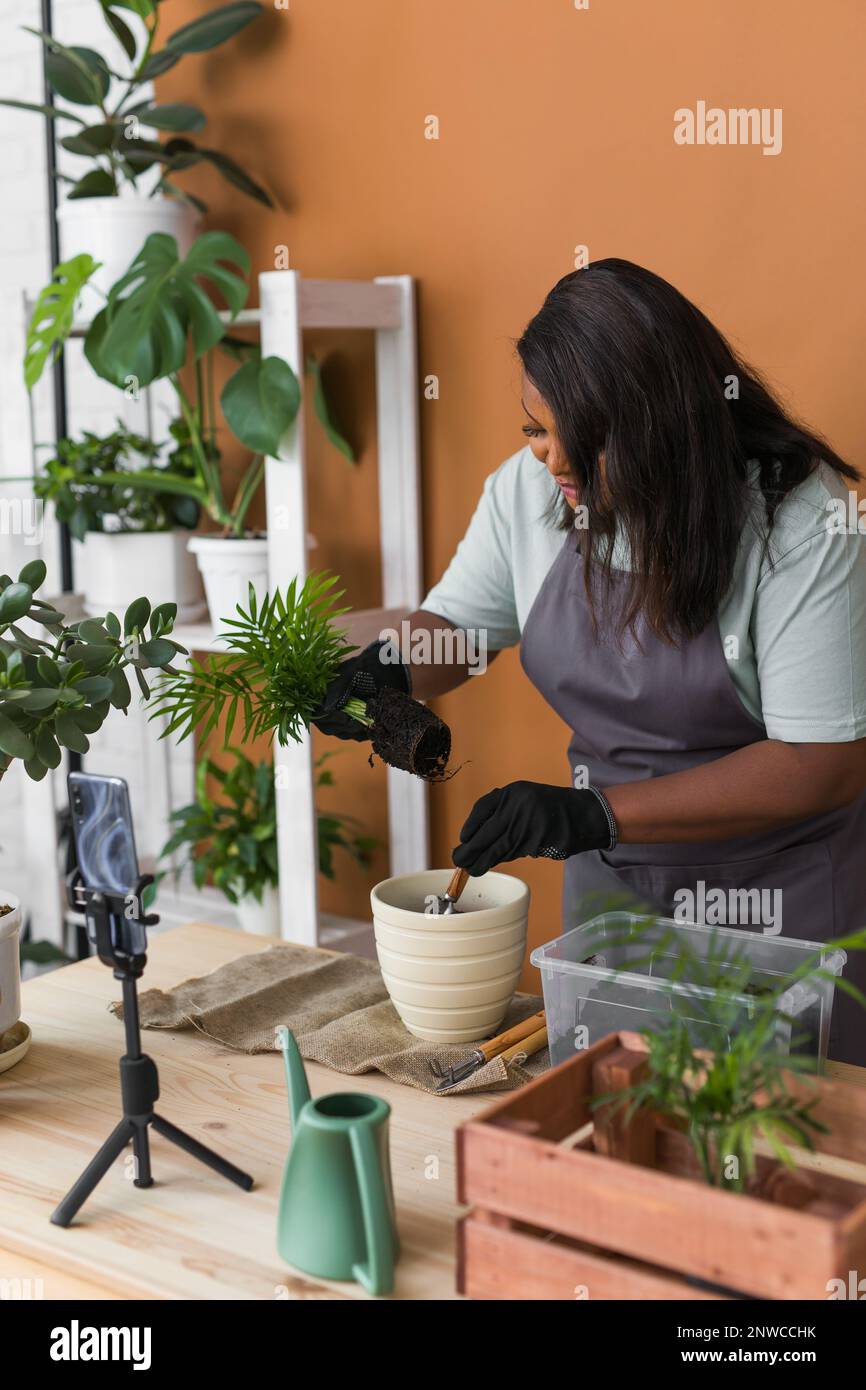 African american girl blogger influencer or SME owner work on home ...