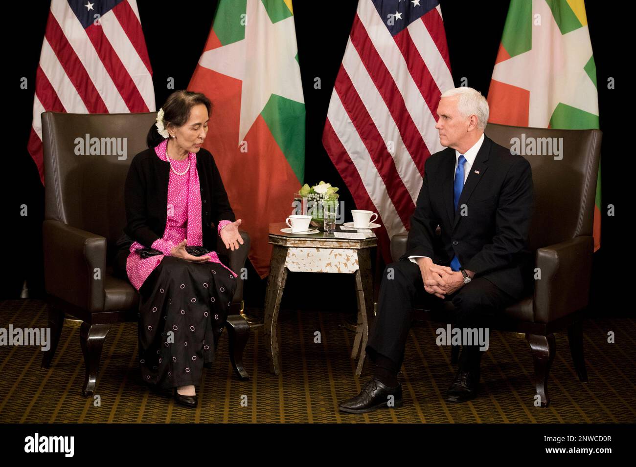 U.S. Vice President Mike Pence, right, meets Myanmar leader Aung San ...