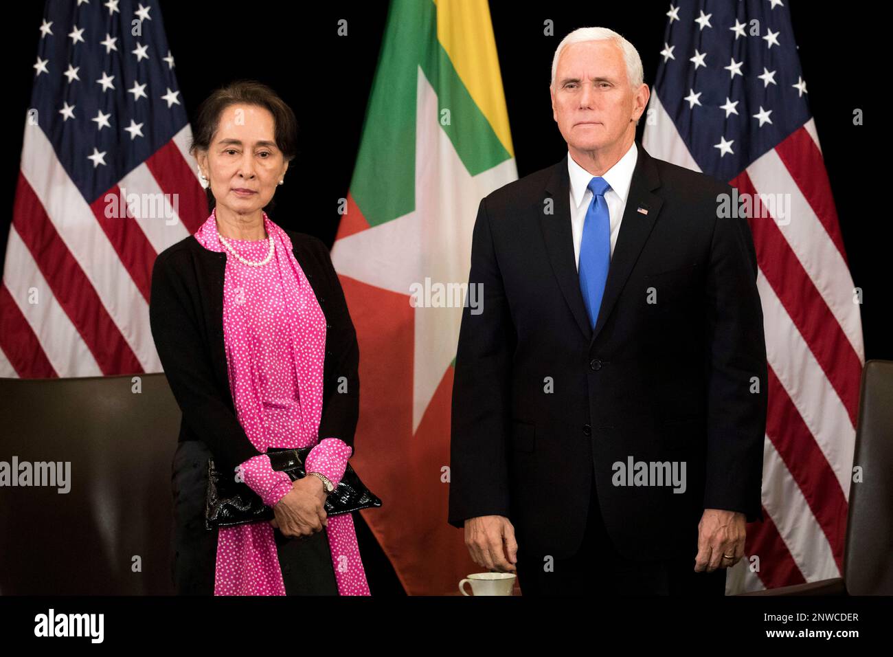 U.S. Vice President Mike Pence, right, meets Myanmar leader Aung San ...