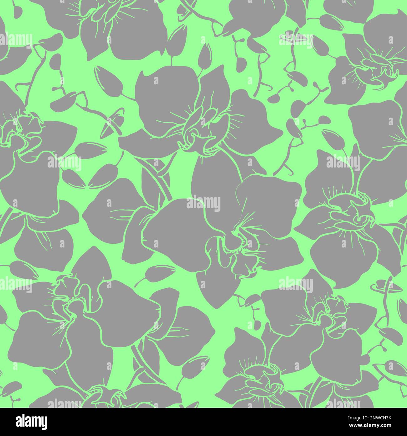 seamless pattern of large gray silhouettes of orchids on a green ...