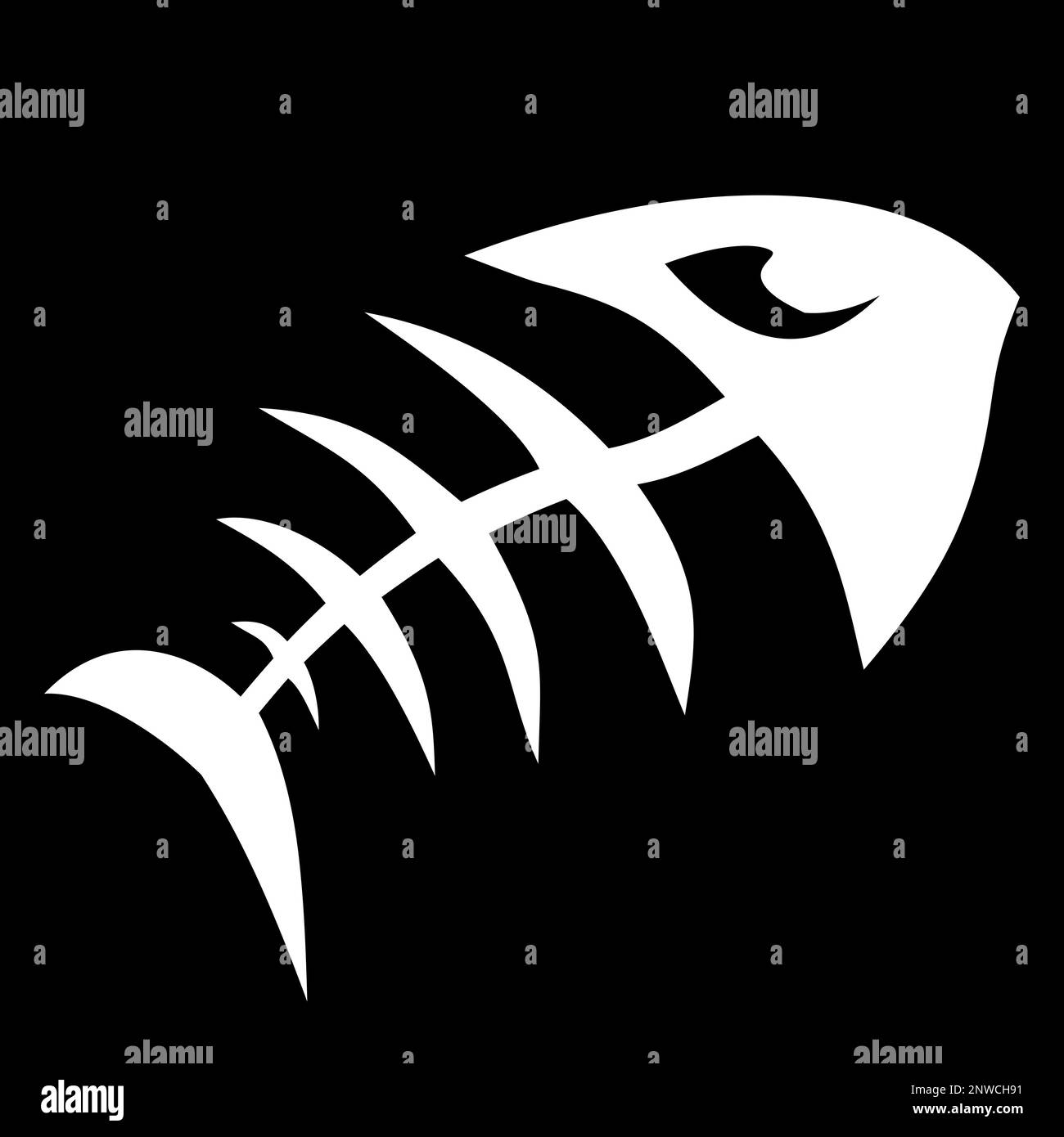 white contour drawing of a fish skeleton on a black background, logo ...