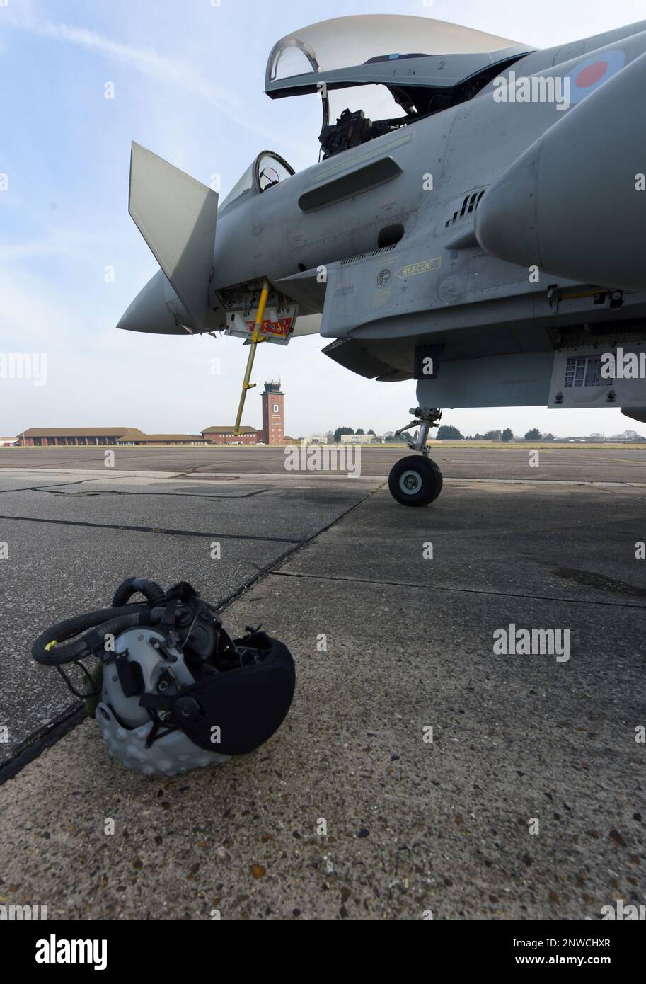 A Royal Air Force Eurofighter Typhoon FGR4 sits on the taxiway at Royal ...