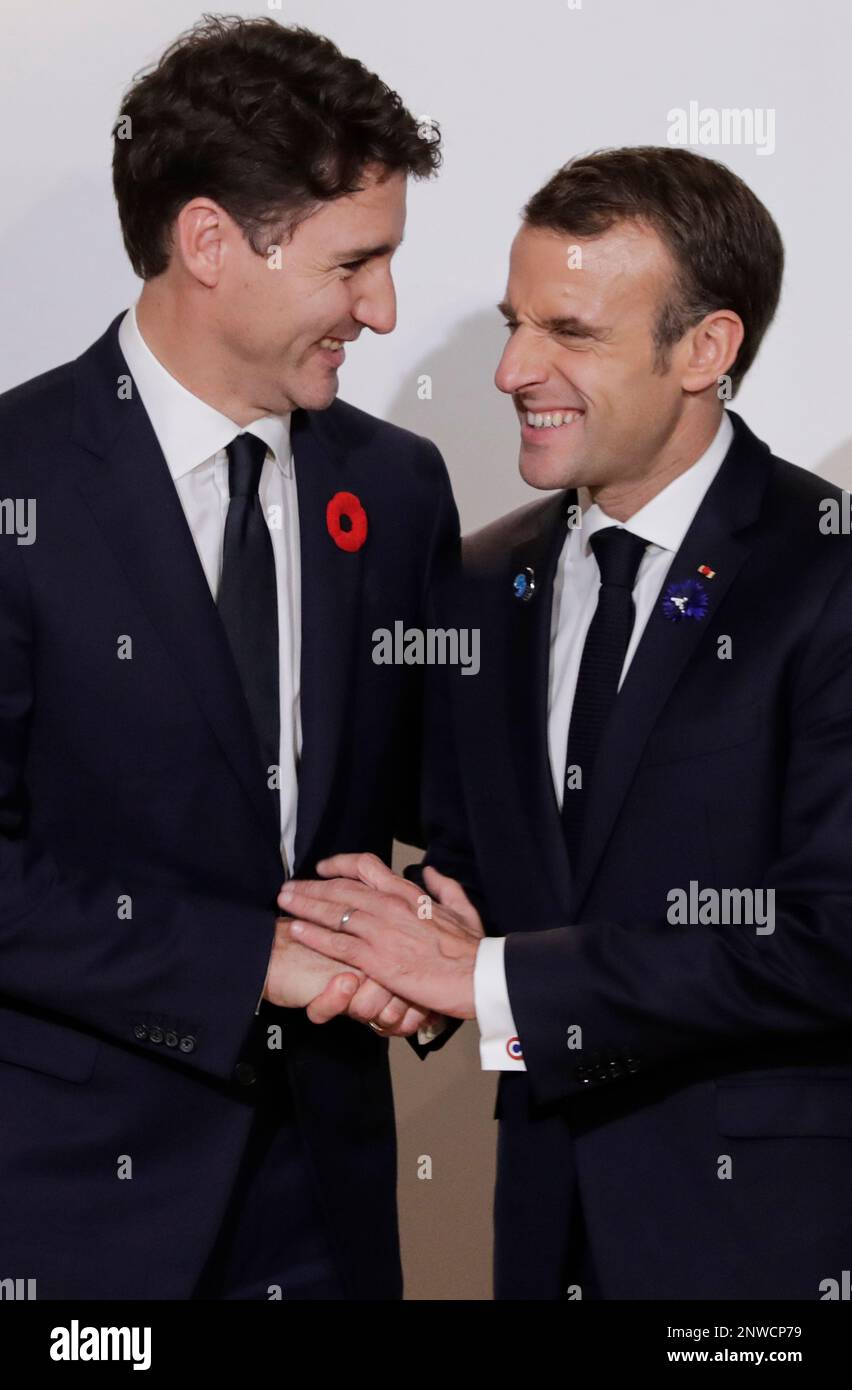 French President Emmanuel Macron, right, meets Canadian Prime Minister ...