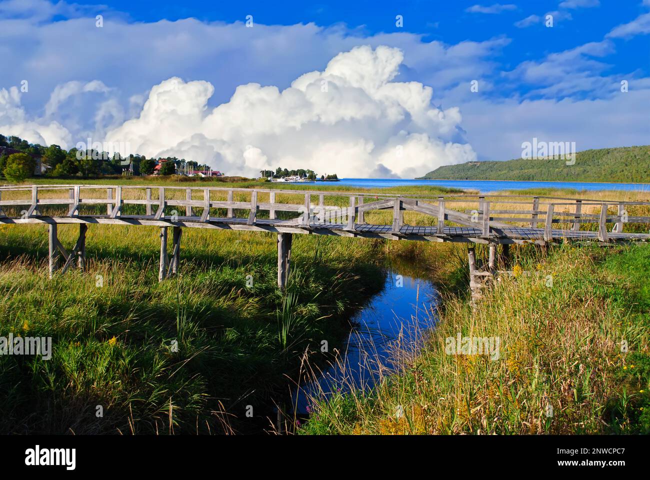 Old wooden bridge near a stream in aboriginal country, Manitoulin ...