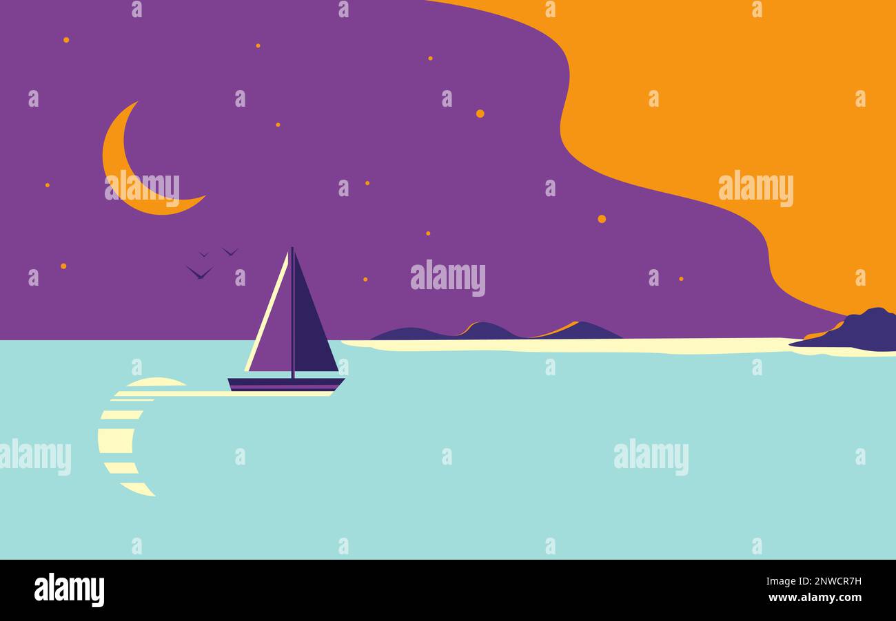 Beautiful night seascape. A yacht or sea vessel is sailing against the ...