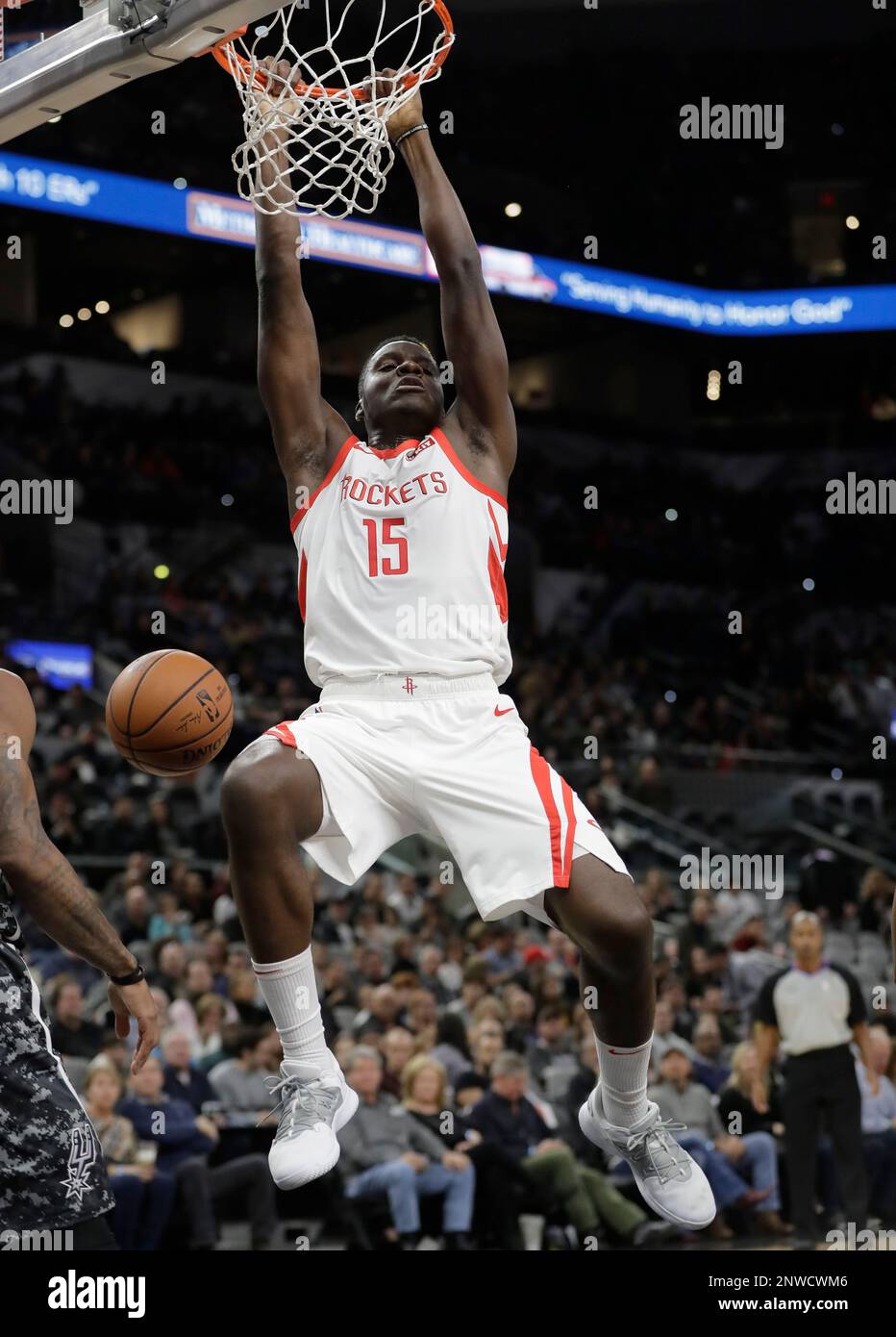 Houston Rockets center Clint Capela (15) scores against the San Antonio ...
