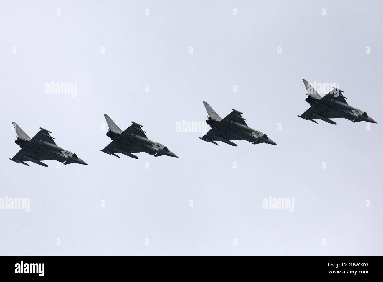 A flight of four Royal Air Force Eurofighter Typhoon fighters of number ...