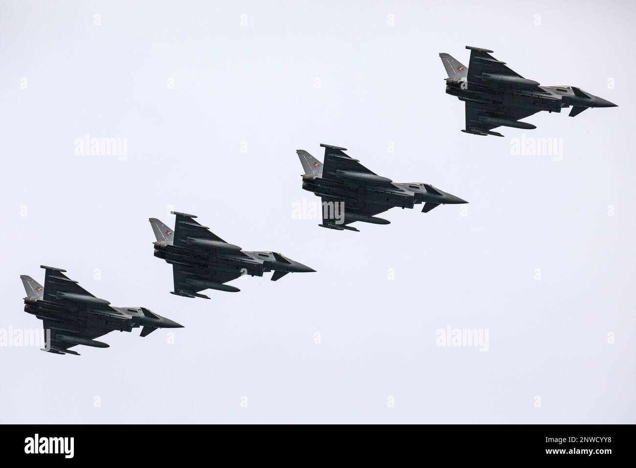 A flight of four Royal Air Force Eurofighter Typhoon fighters of number ...