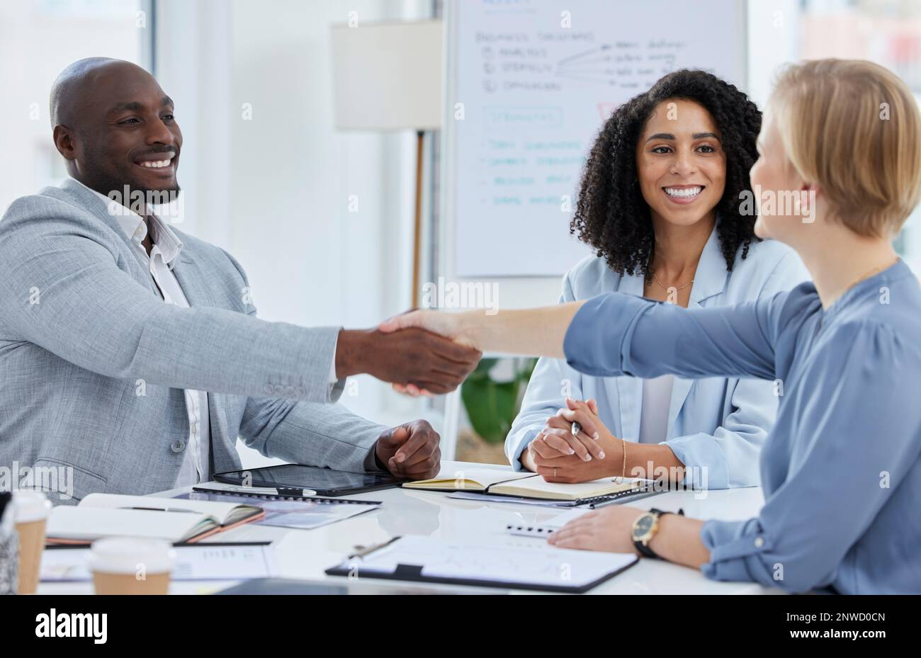 Handshake, meeting and happy business people in office for recruitment ...