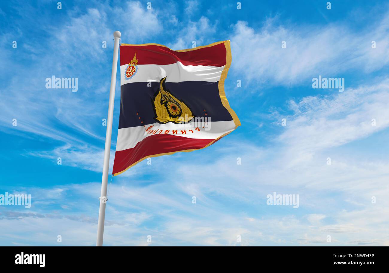 official flag of Royal Thai Army Unit Colour Thailand at cloudy sky ...