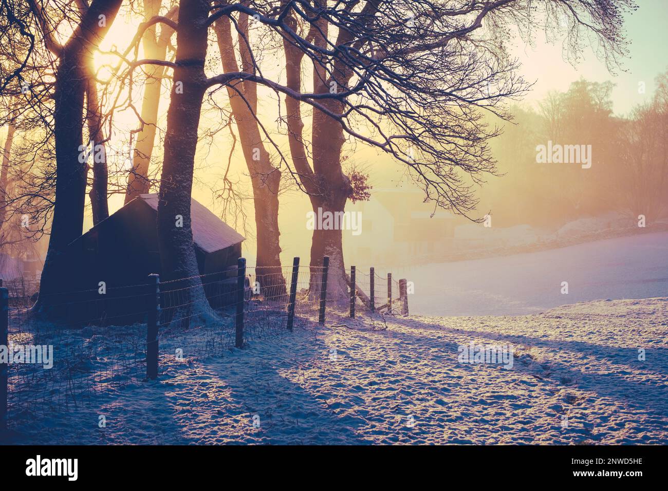 A Tiny Cabin In A Snowy Wilderness At Sunset Stock Photo - Alamy