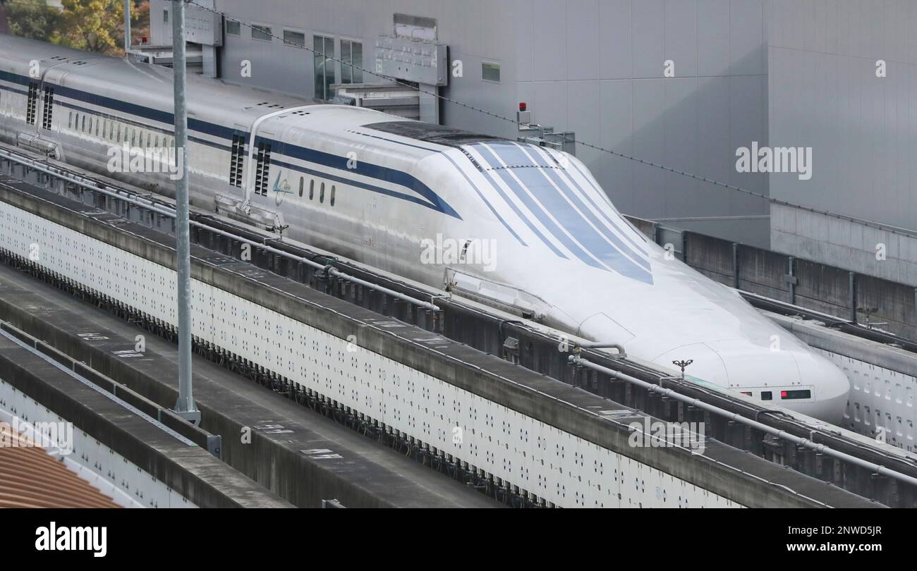 The linear train runs as a test in Tsuru City, Yamanashi Prefecture on ...