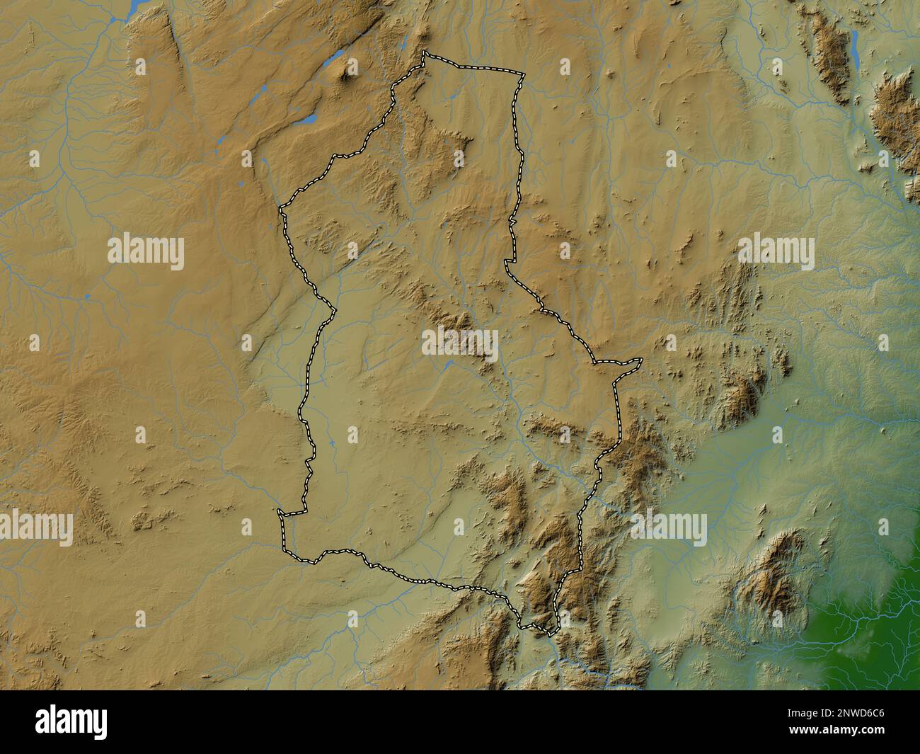 Dodoma, region of Tanzania. Colored elevation map with lakes and rivers ...