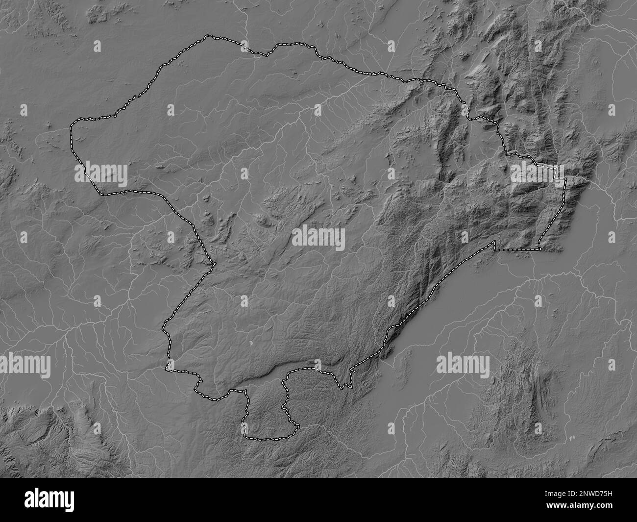 Iringa, region of Tanzania. Bilevel elevation map with lakes and rivers ...