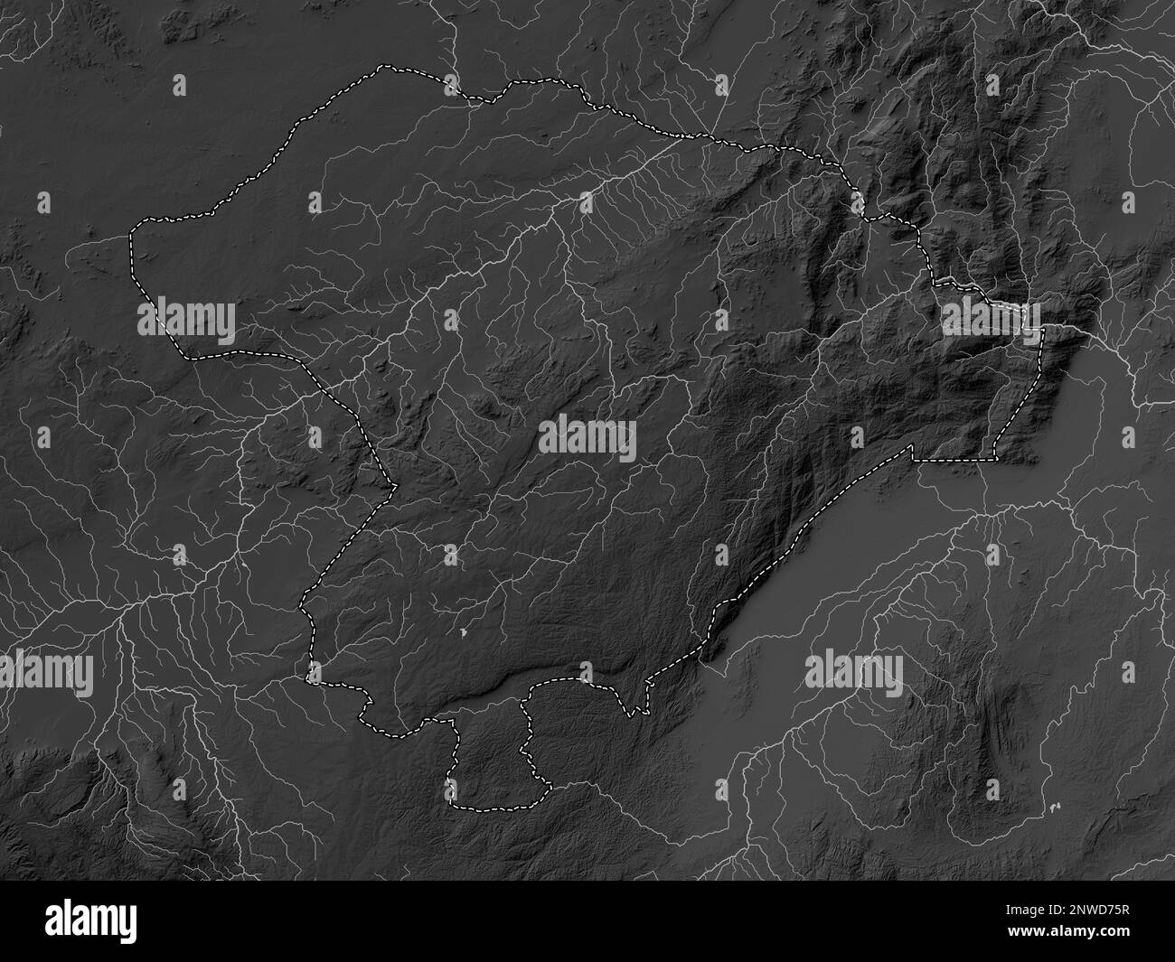 Iringa, region of Tanzania. Grayscale elevation map with lakes and ...