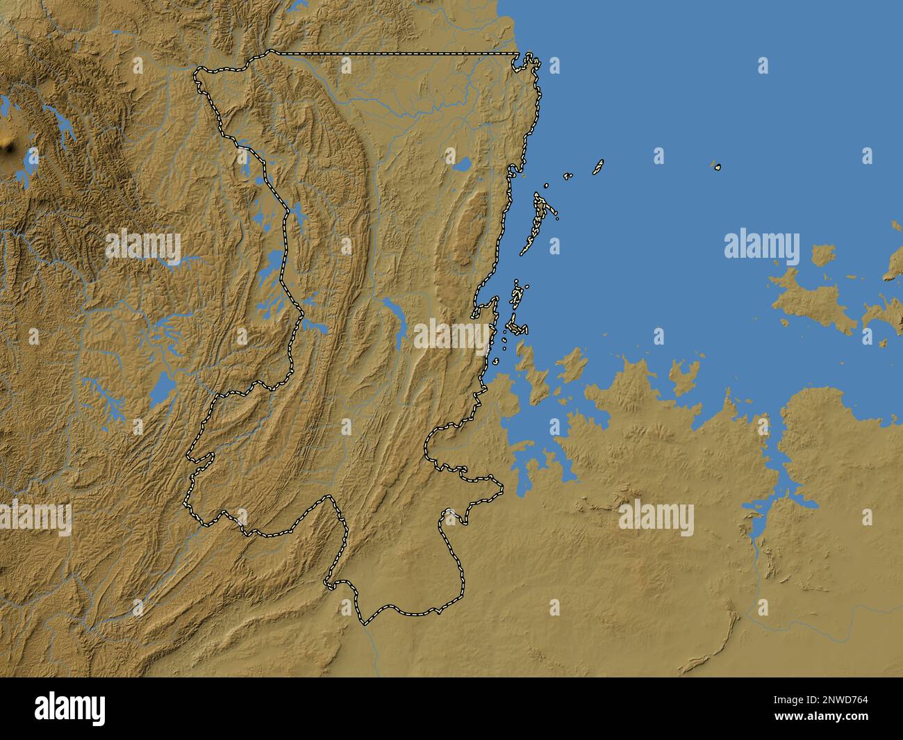 Kagera, region of Tanzania. Colored elevation map with lakes and rivers ...