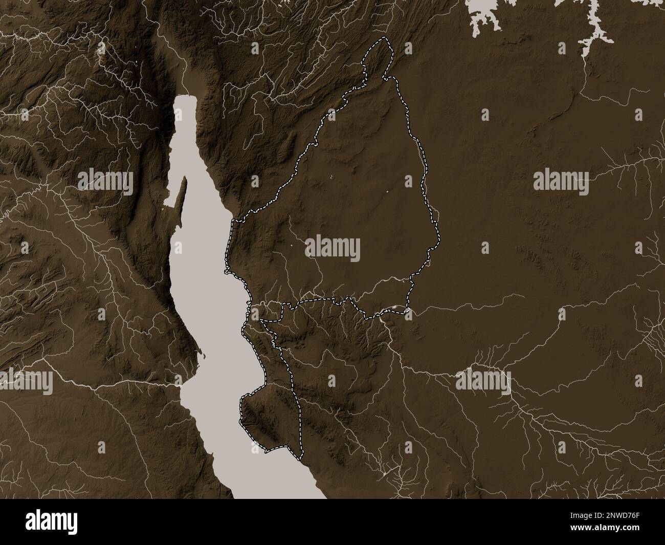 Kigoma, region of Tanzania. Elevation map colored in sepia tones with ...