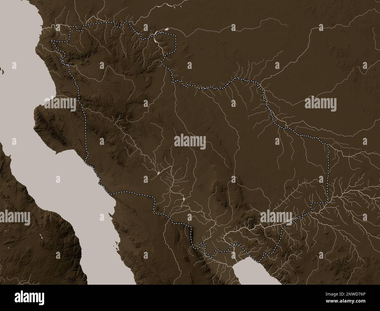 Katavi, region of Tanzania. Elevation map colored in sepia tones with ...
