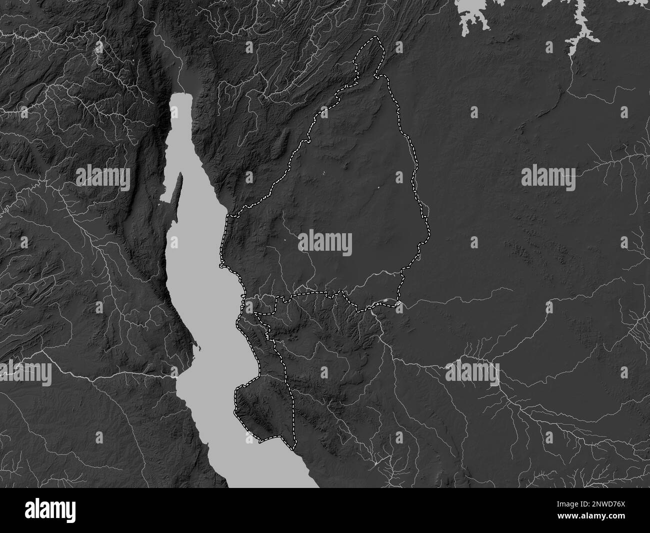 Kigoma, region of Tanzania. Grayscale elevation map with lakes and ...