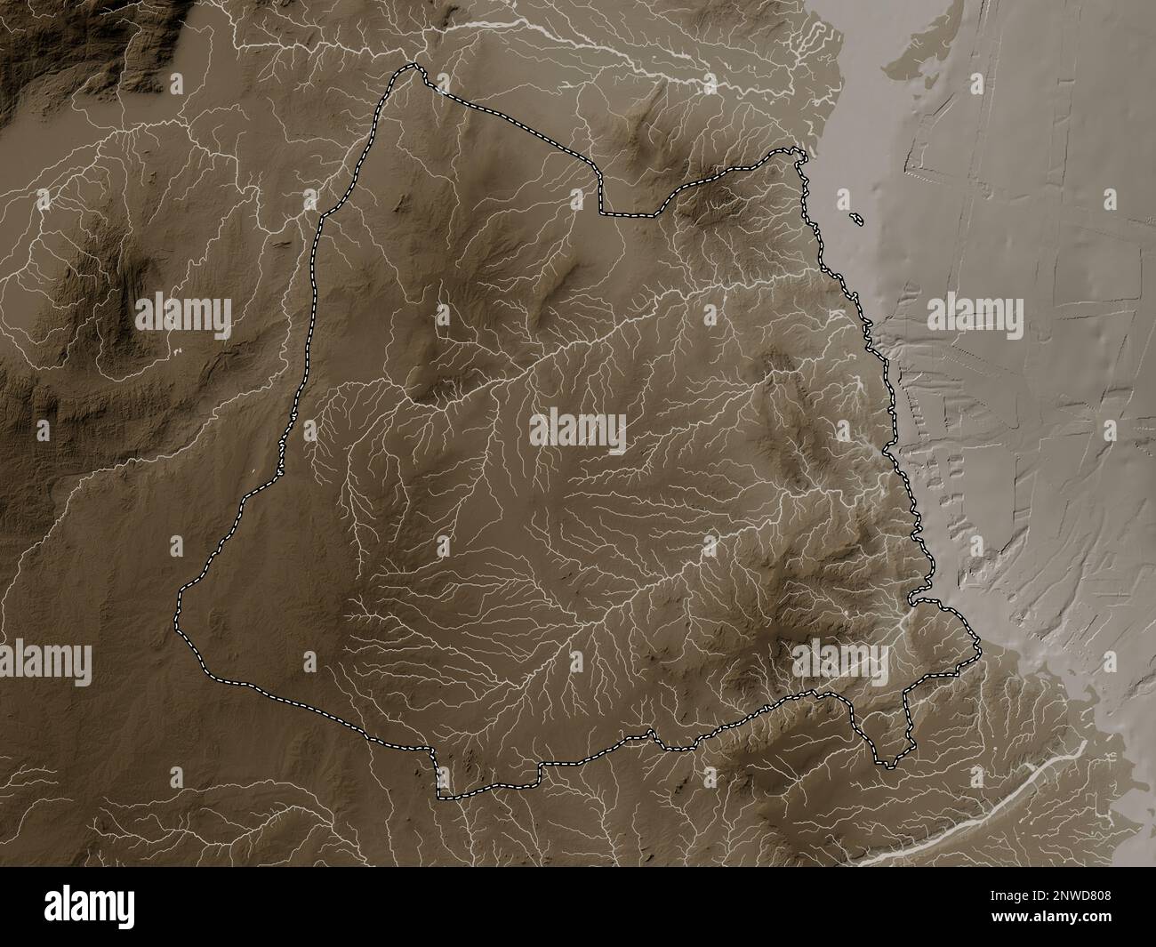 Lindi, region of Tanzania. Elevation map colored in sepia tones with ...