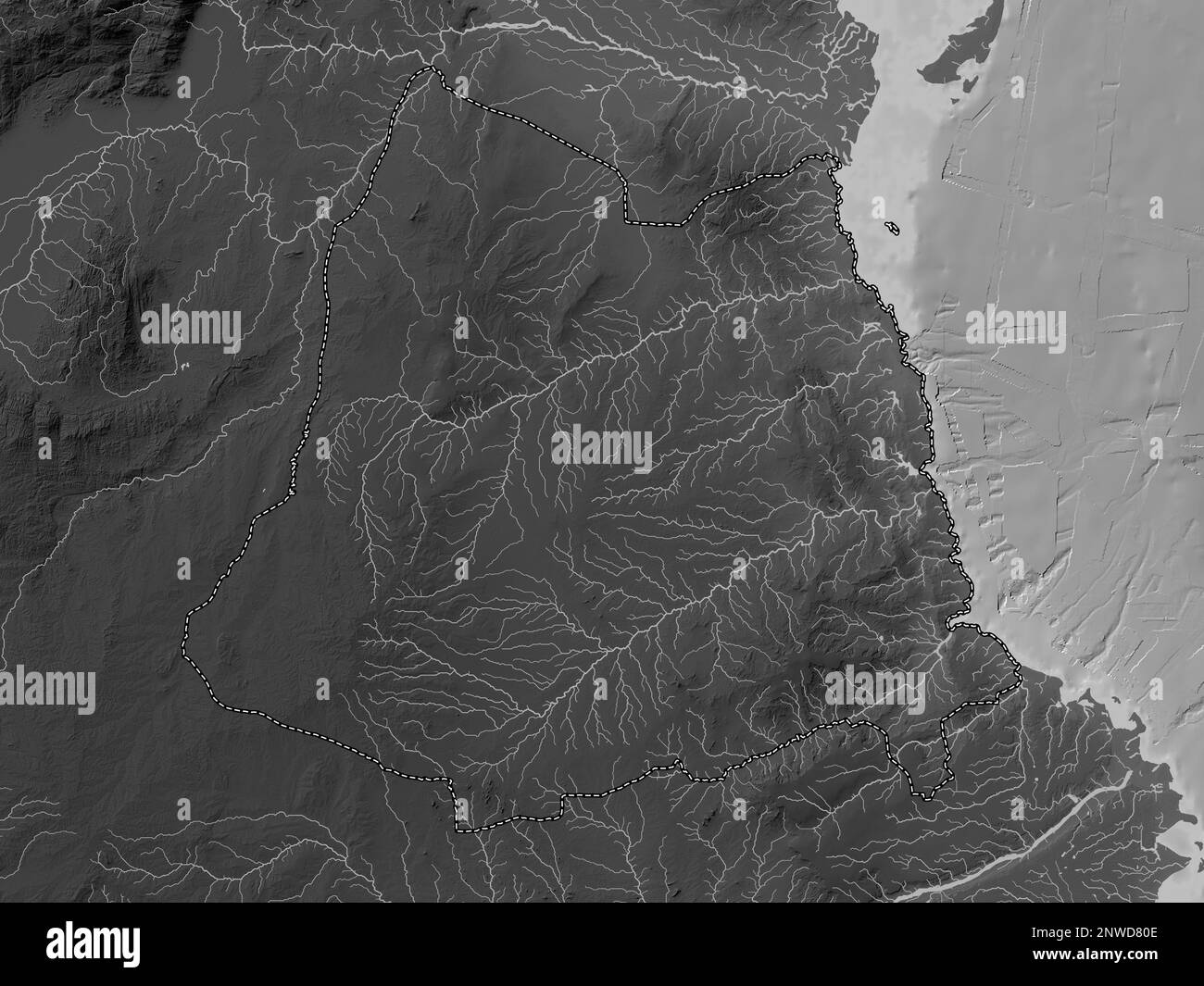 Lindi, region of Tanzania. Grayscale elevation map with lakes and ...