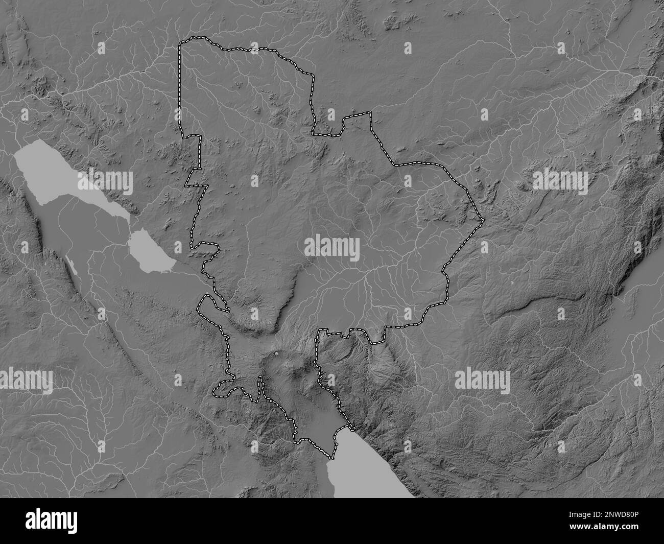 Mbeya, region of Tanzania. Bilevel elevation map with lakes and rivers ...