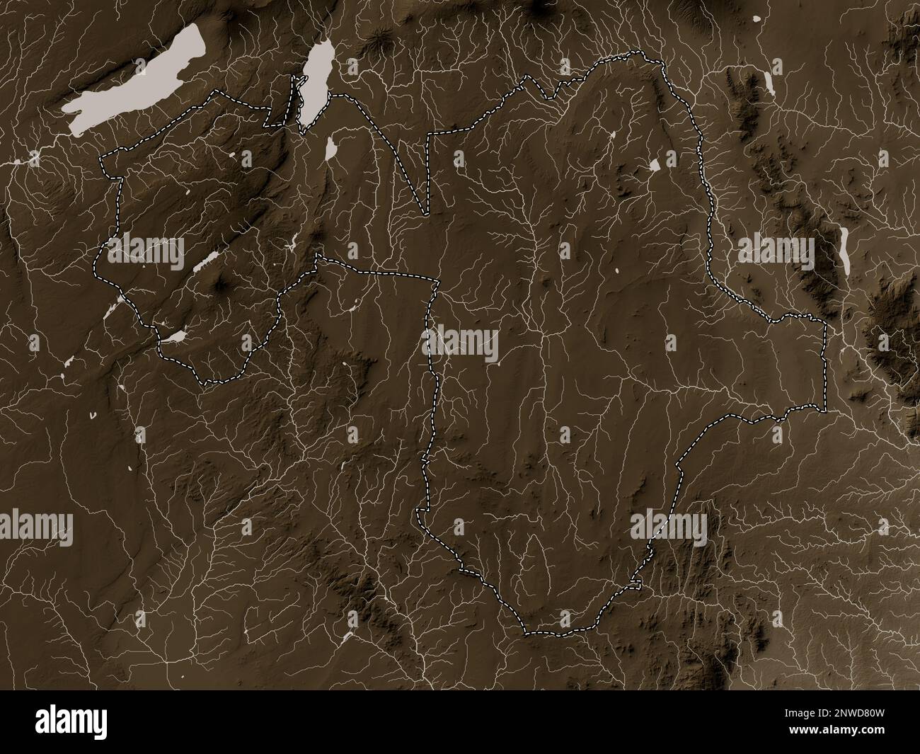 Manyara, region of Tanzania. Elevation map colored in sepia tones with ...