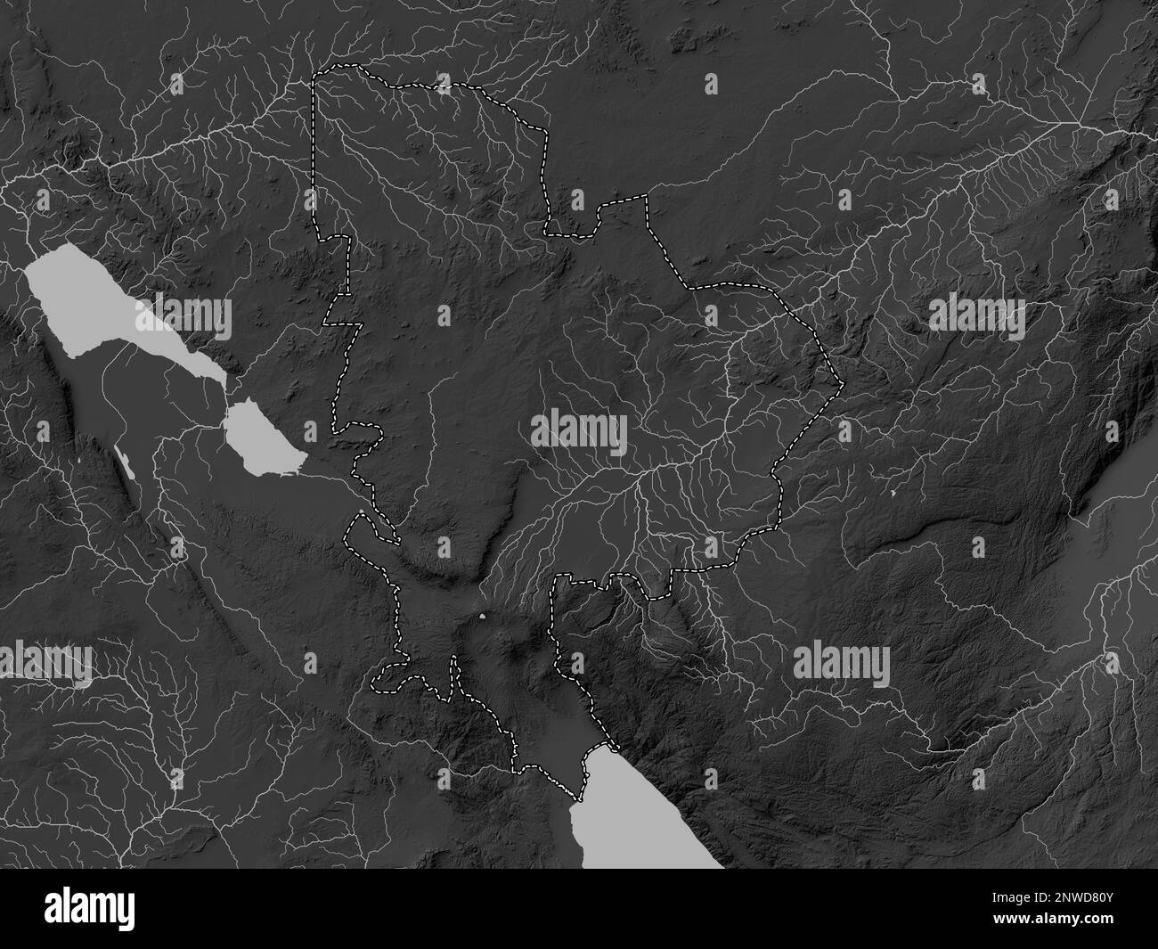 Mbeya, region of Tanzania. Grayscale elevation map with lakes and ...
