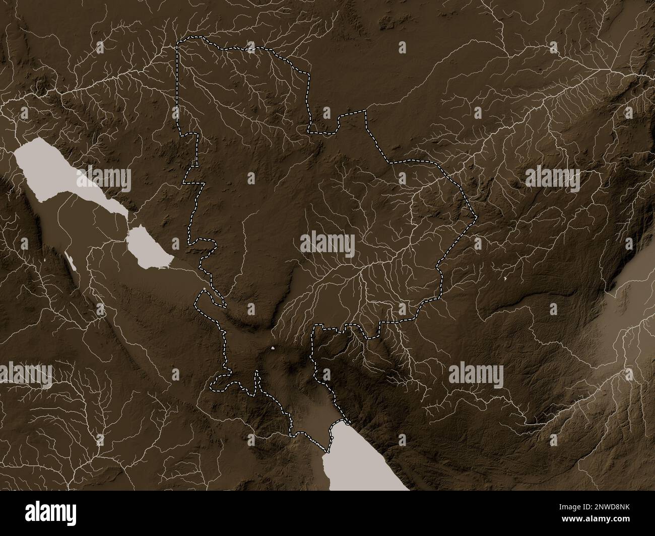 Mbeya, region of Tanzania. Elevation map colored in sepia tones with ...