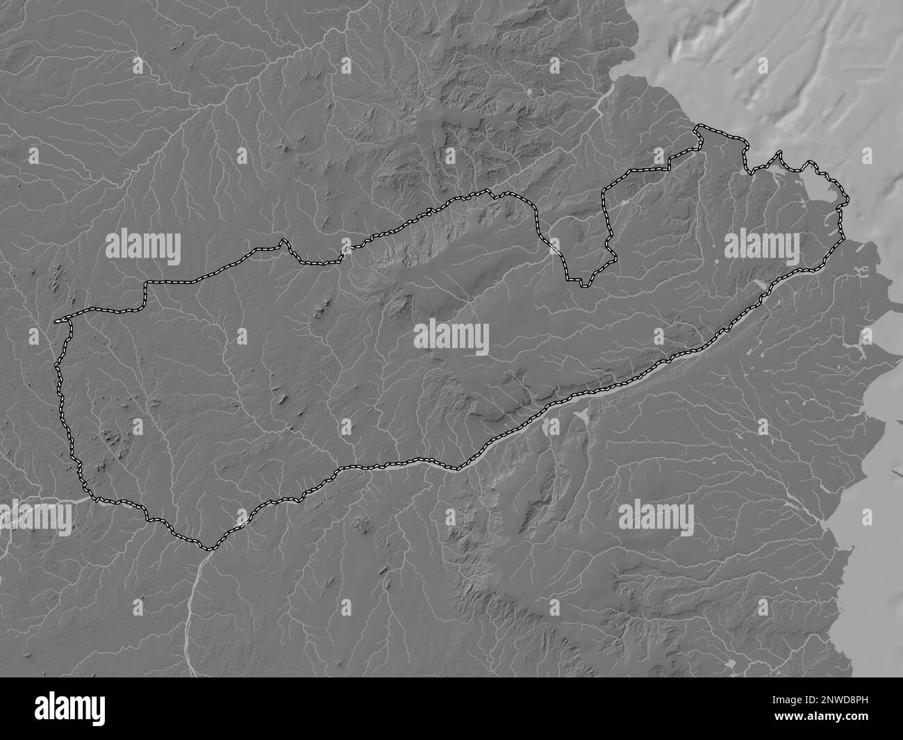 Mtwara, region of Tanzania. Bilevel elevation map with lakes and rivers ...
