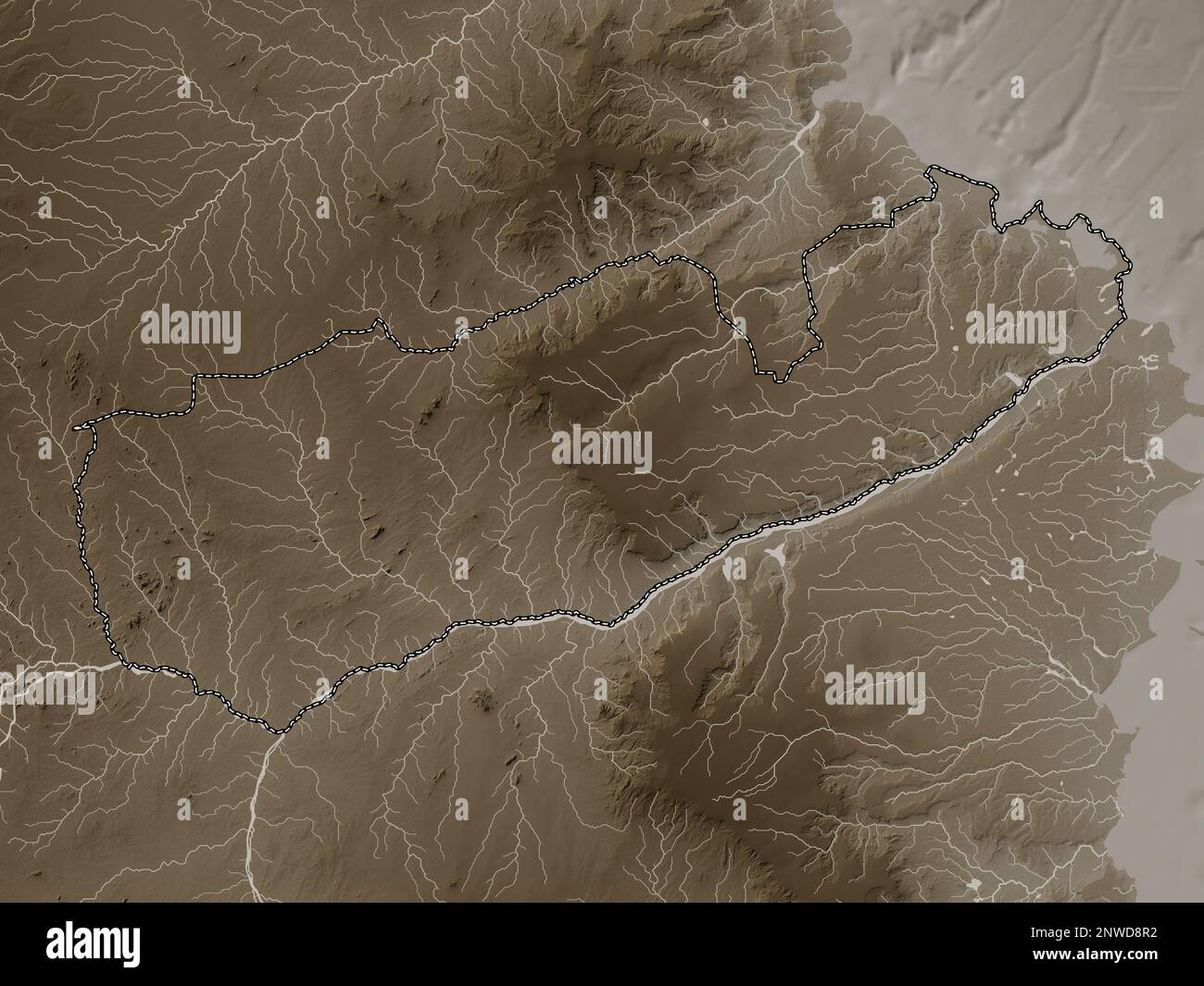Mtwara, region of Tanzania. Elevation map colored in sepia tones with ...