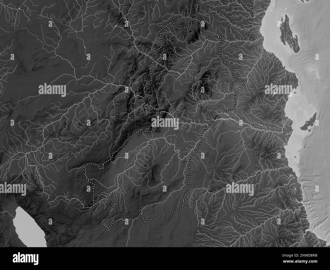 Morogoro, region of Tanzania. Grayscale elevation map with lakes and ...