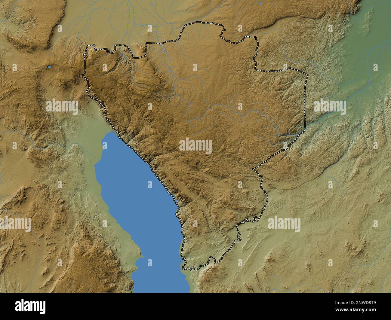 Njombe, region of Tanzania. Colored elevation map with lakes and rivers ...