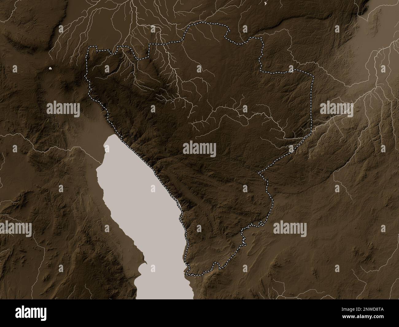 Njombe, region of Tanzania. Elevation map colored in sepia tones with ...