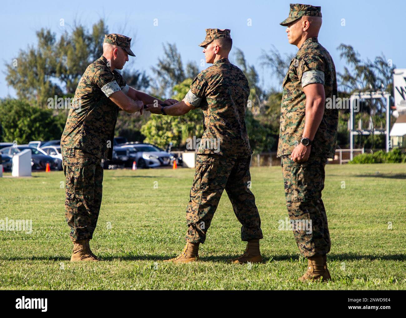 U.S. Marine Corps Sgt. Maj. Ryan Eldredge, left, on-coming sergeant ...