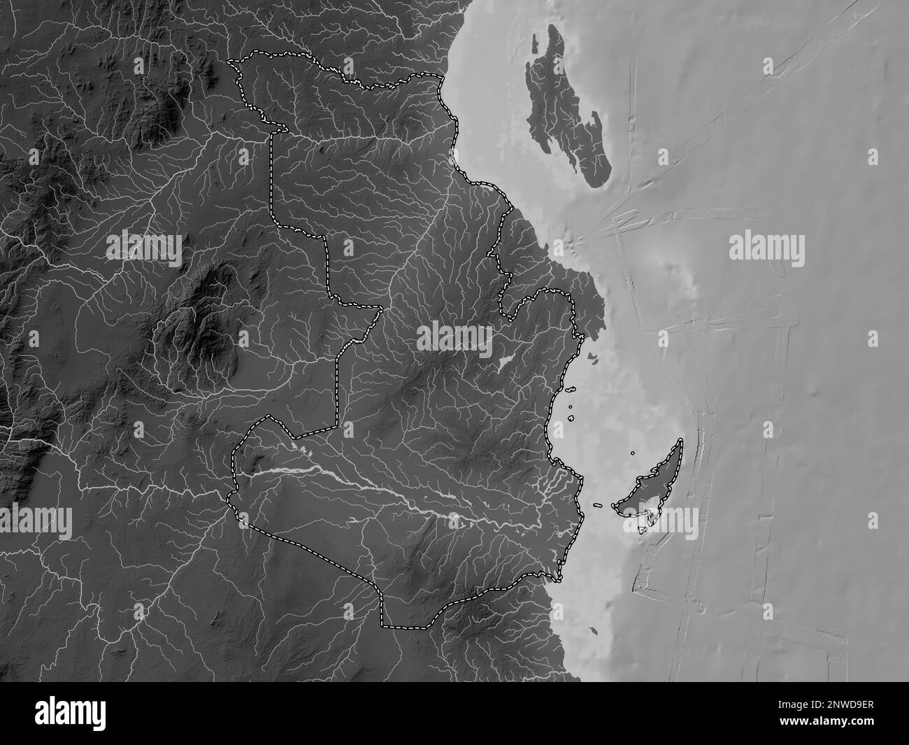Pwani, region of Tanzania. Grayscale elevation map with lakes and ...