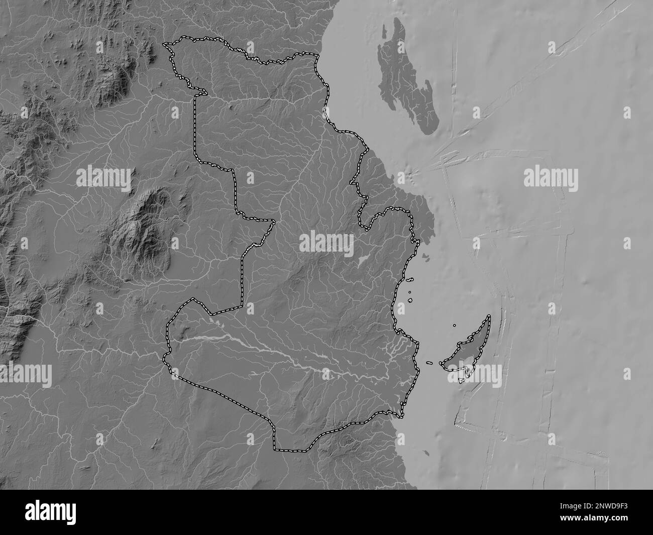 Pwani, region of Tanzania. Bilevel elevation map with lakes and rivers ...