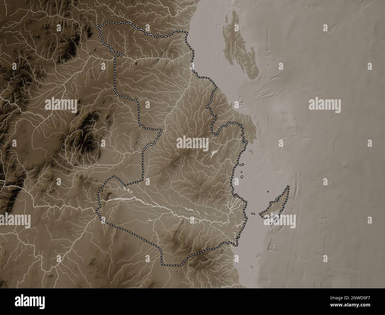 Pwani, region of Tanzania. Elevation map colored in sepia tones with ...
