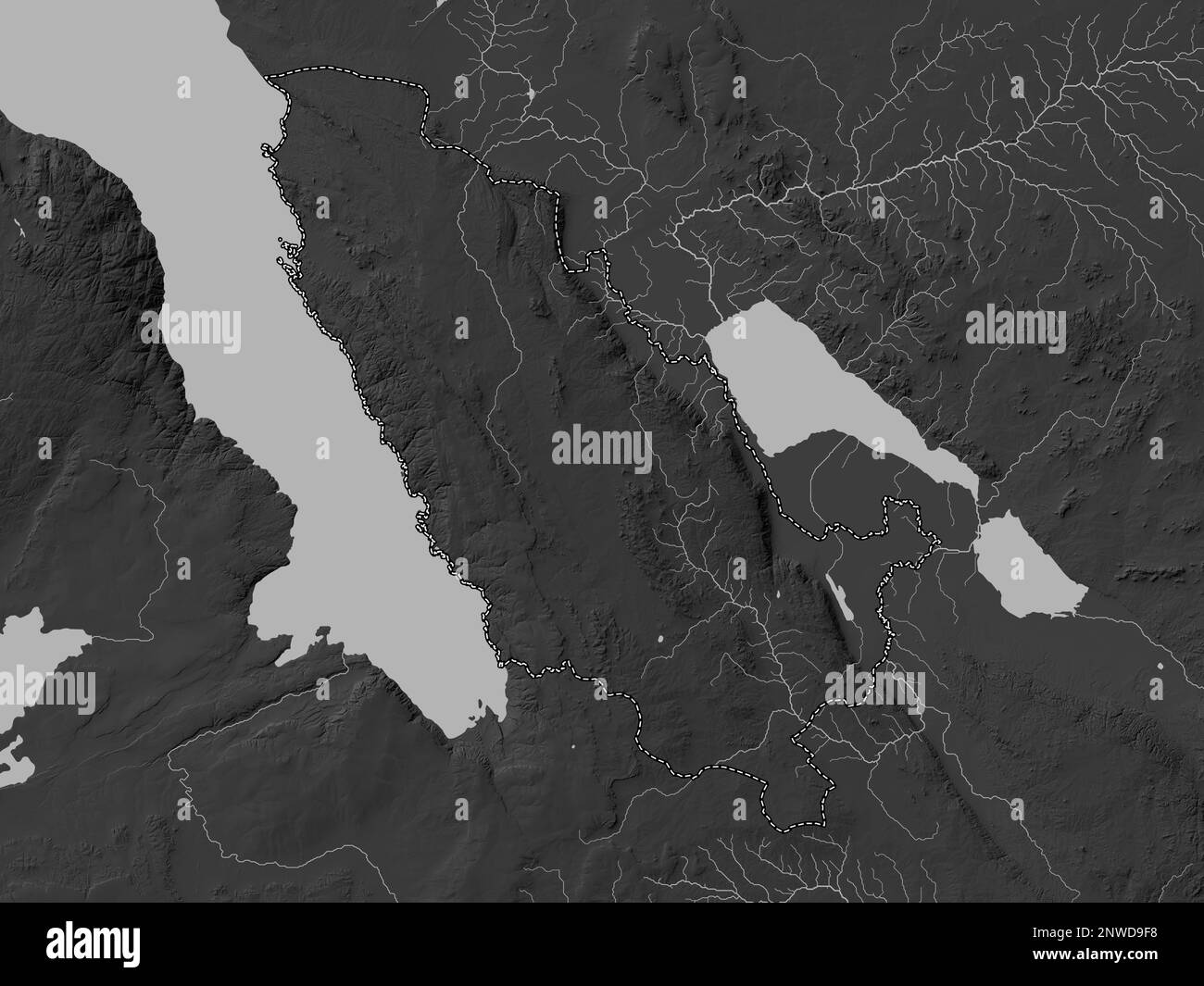 Rukwa, region of Tanzania. Grayscale elevation map with lakes and ...