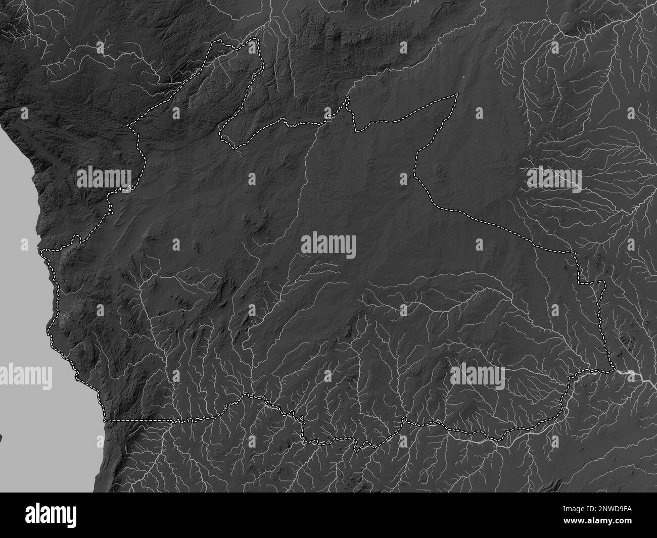 Ruvuma, region of Tanzania. Grayscale elevation map with lakes and ...