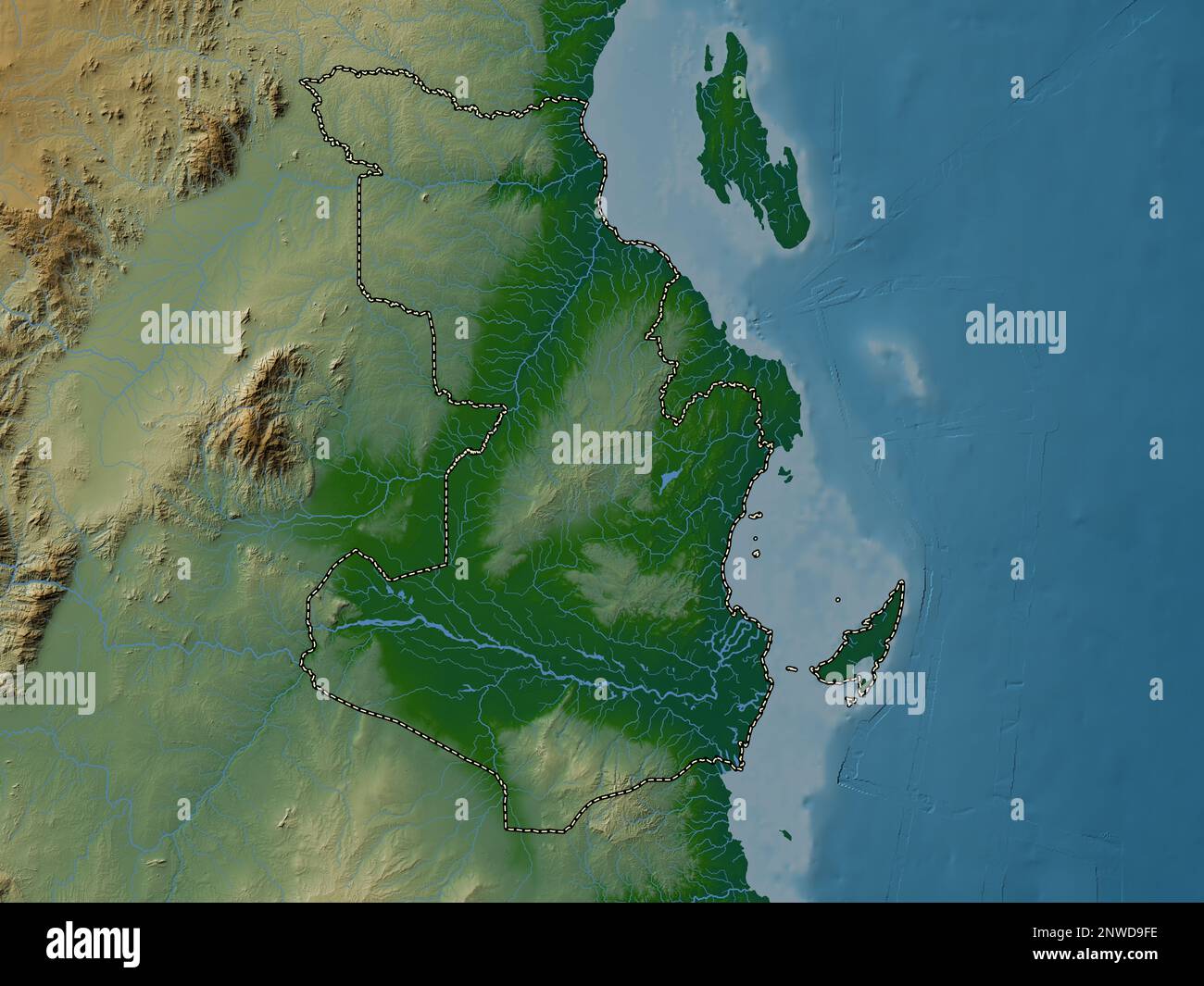 Pwani, region of Tanzania. Colored elevation map with lakes and rivers ...
