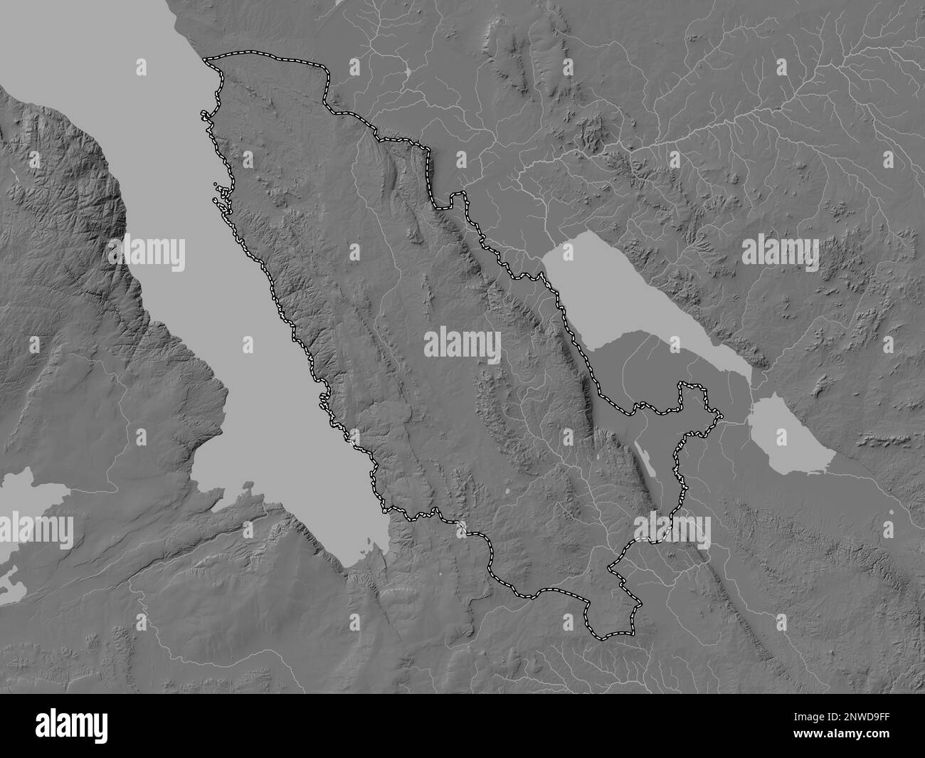 Rukwa, region of Tanzania. Bilevel elevation map with lakes and rivers ...