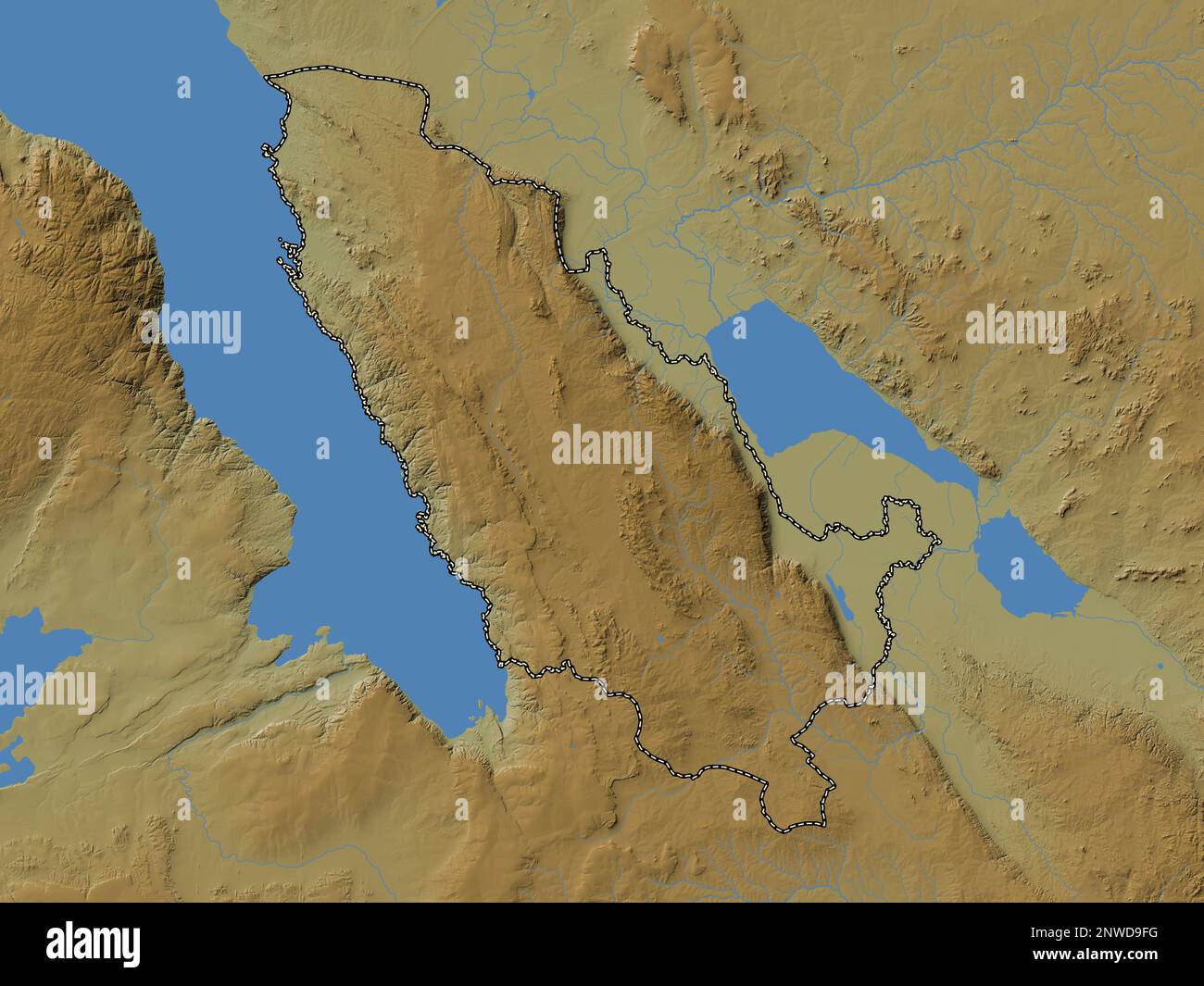 Rukwa, region of Tanzania. Colored elevation map with lakes and rivers ...