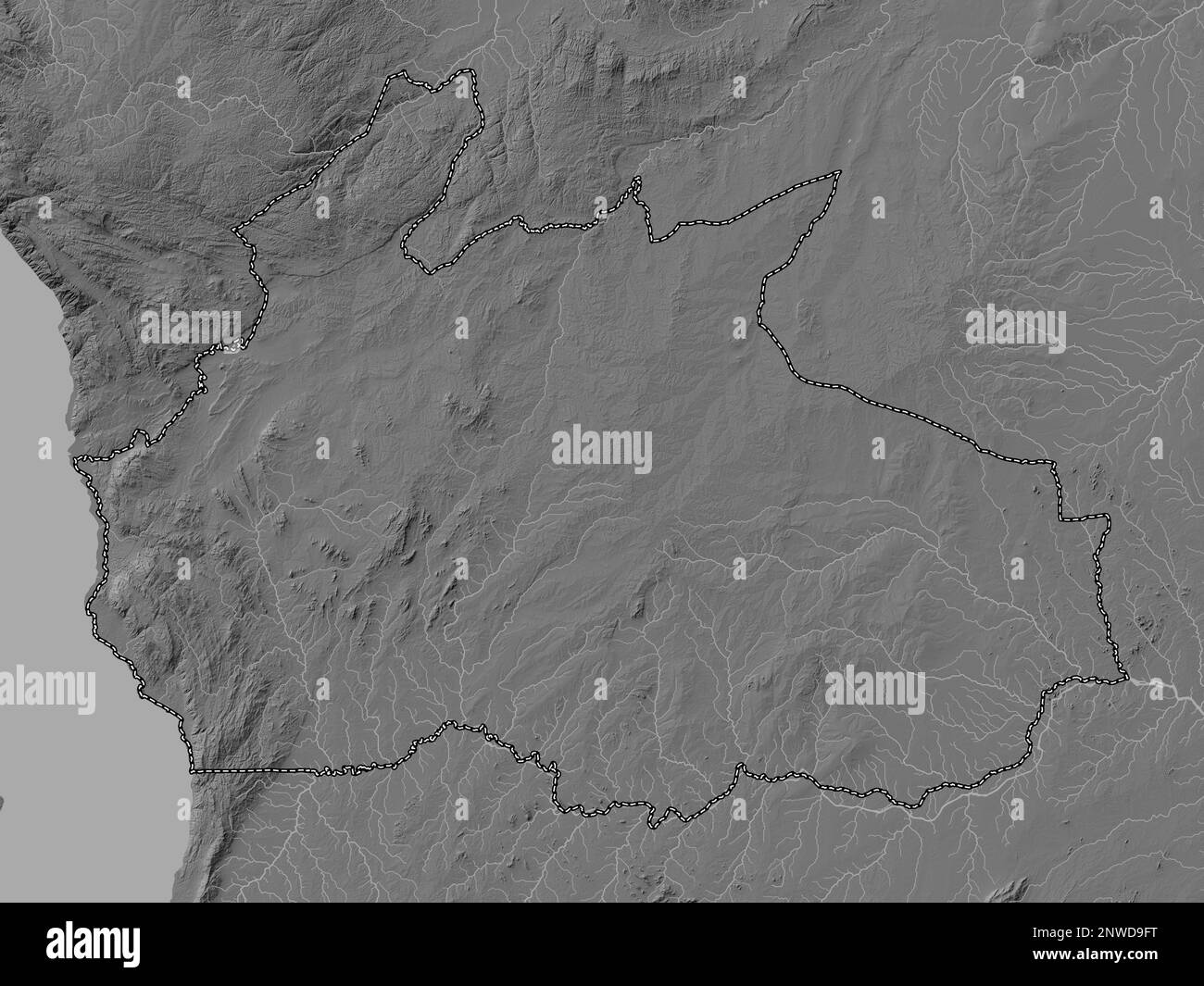 Ruvuma, region of Tanzania. Bilevel elevation map with lakes and rivers ...
