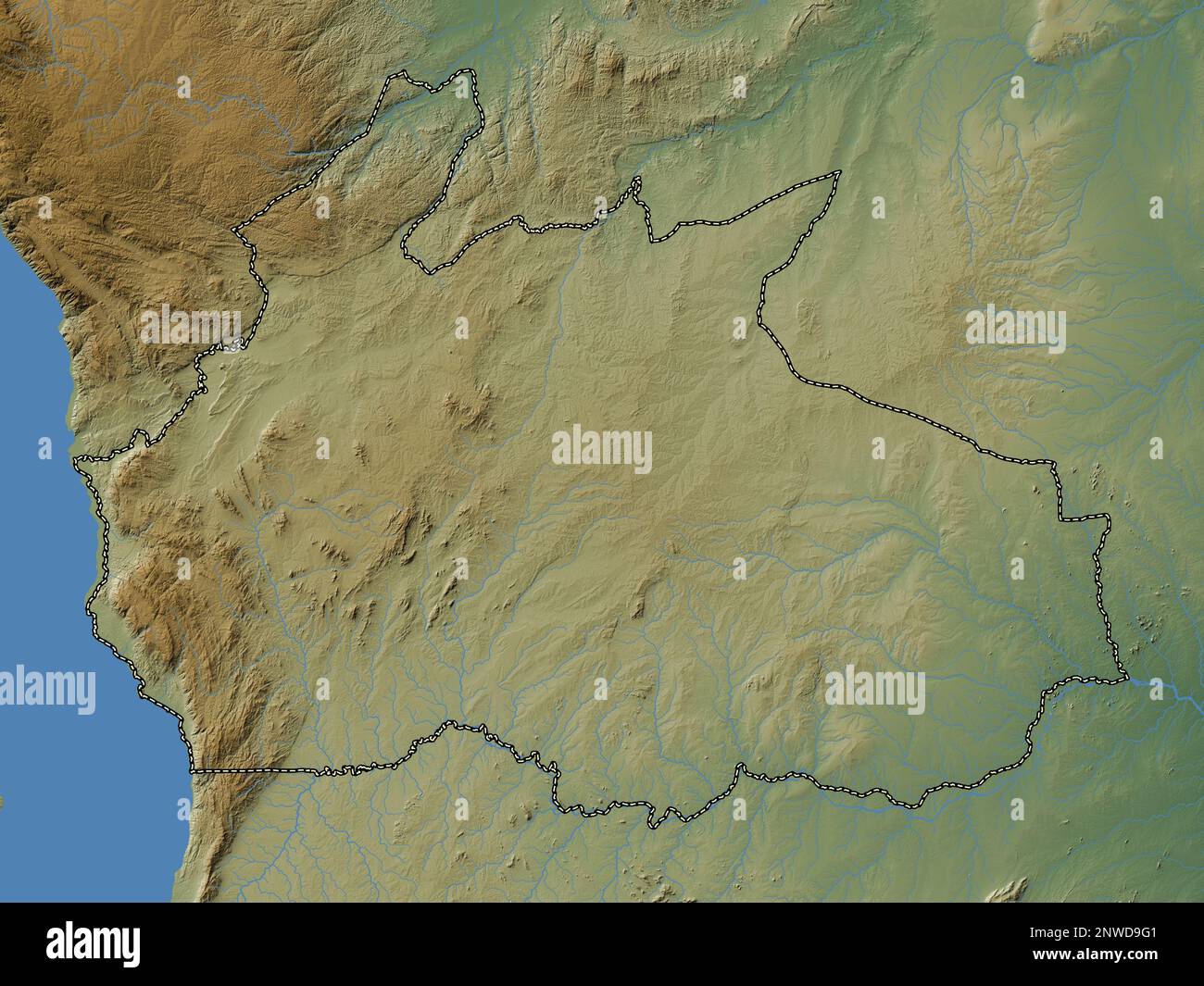 Ruvuma, region of Tanzania. Colored elevation map with lakes and rivers ...