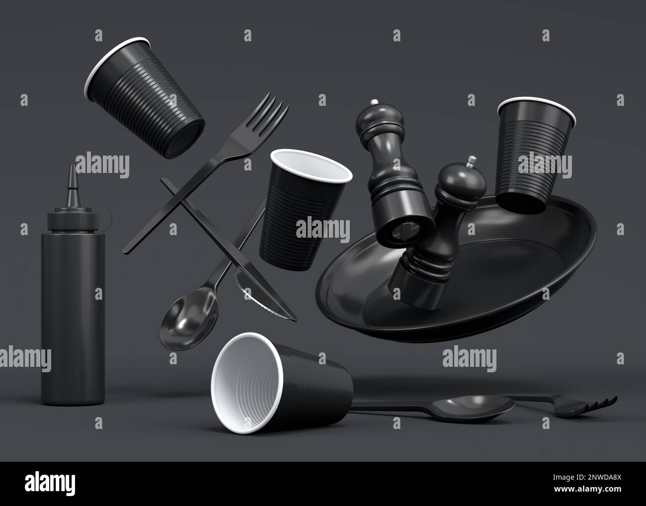 Set of disposable utensils like plate, folk, spoon,knife, cup and ...