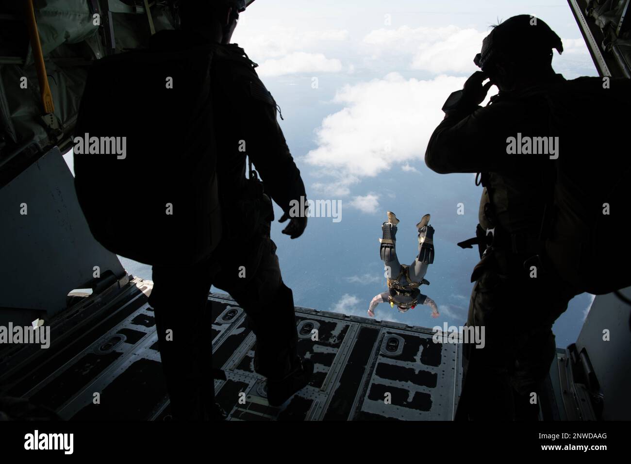 A U.S. Air Force 31st Rescue Squadron pararescueman executes a free ...