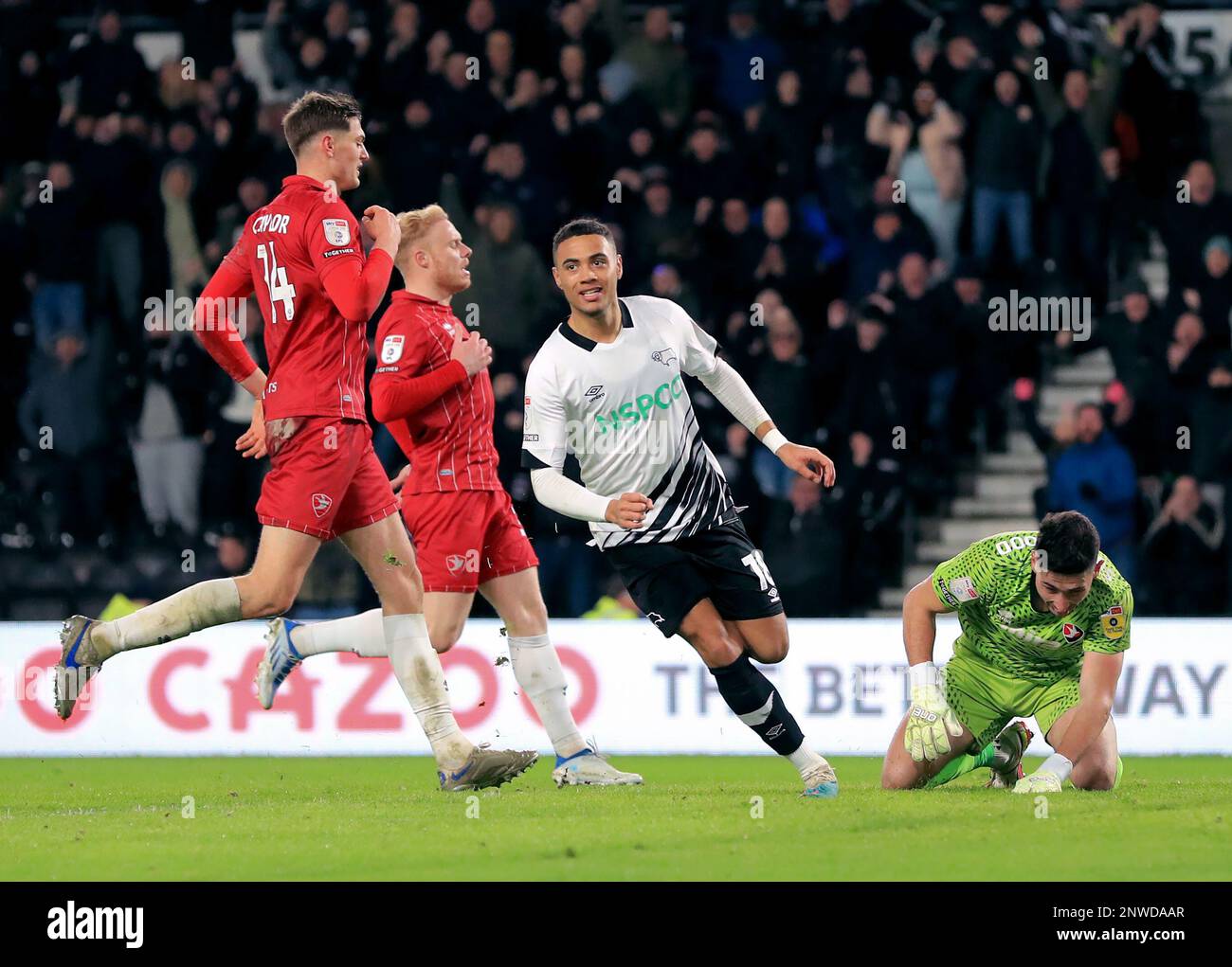 Derby County's Lewis Dobbin (centre right) celebrates scoring their ...