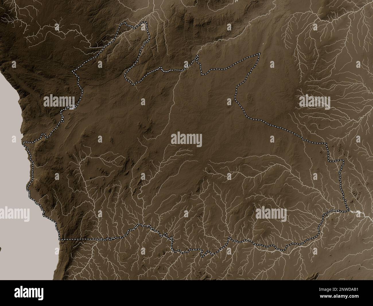 Ruvuma, region of Tanzania. Elevation map colored in sepia tones with ...