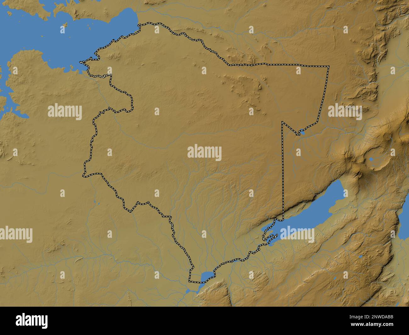 Simiyu, region of Tanzania. Colored elevation map with lakes and rivers ...